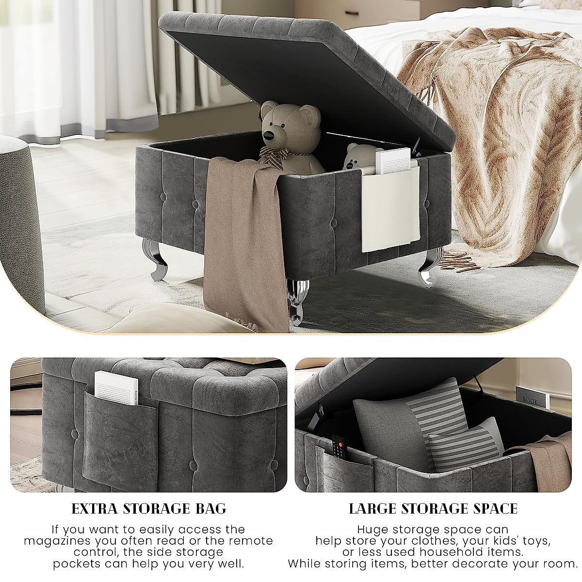 DKLGG Large Square Storage Ottoman Tufted, Oversized Ottoman Coffee Table for Living Room, Velvet Upholstered Ottoman with Storage, Grey Ottoman Bench for Bedroom
