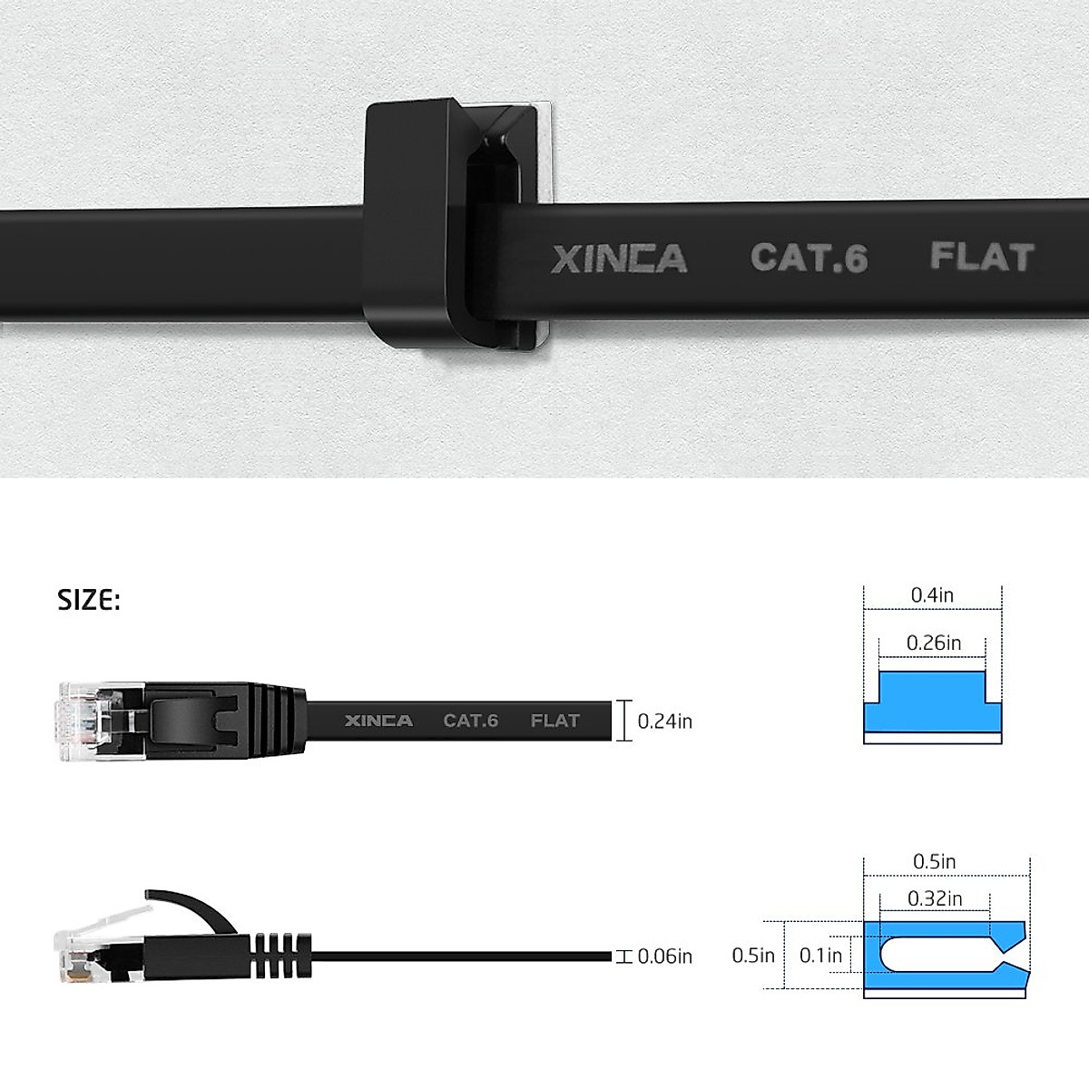 XINCA Cat6 Ethernet Cable 15 ft Black Gigabit Flat Network LAN Cable with 5 pcs Cable Clips Snagless Rj45 Connectors for Computer/Modem/Router/X-Box Faster Than Cat5e/Cat5