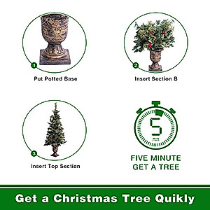 AsterOutdoor Pre-lit Christmas Tree 4ft Artificial Potted Fir with Lights Holly Berries Pine Cones Stands for Indoor Porch Table, Xmas Holiday Decoration, Easy Assembly