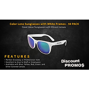 DISCOUNT PROMOS Personalized UV Protected Color Lens Sunglasses with White Frames - 50 pack - Sunglasses - Customizable Text, Logo - Blue