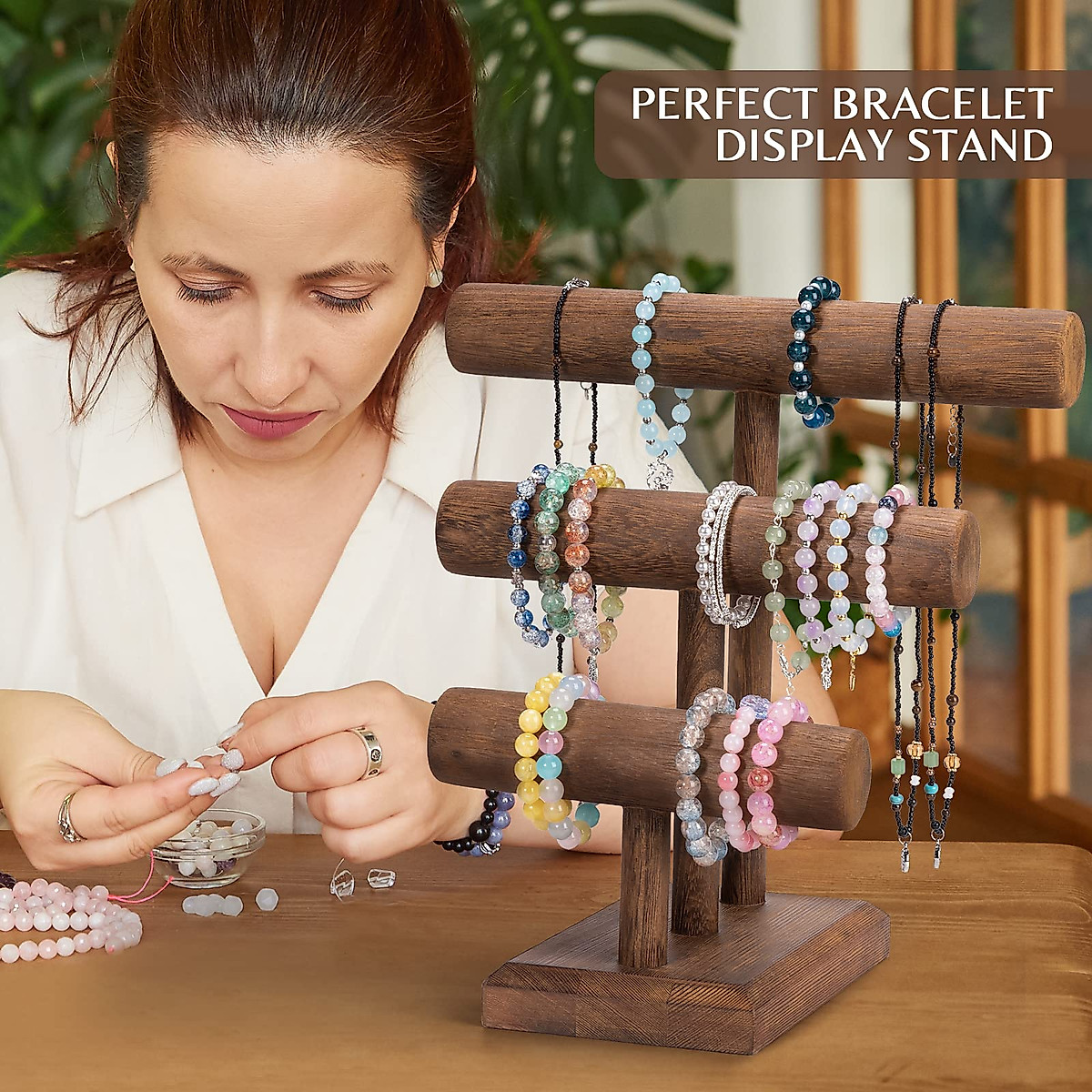 IRIIJANE 3-Tier Bracelet Holder Stand Display Wooden T-Bar Bracelets Holder Organizer for Displays, Storage Stand Tower for Bangle