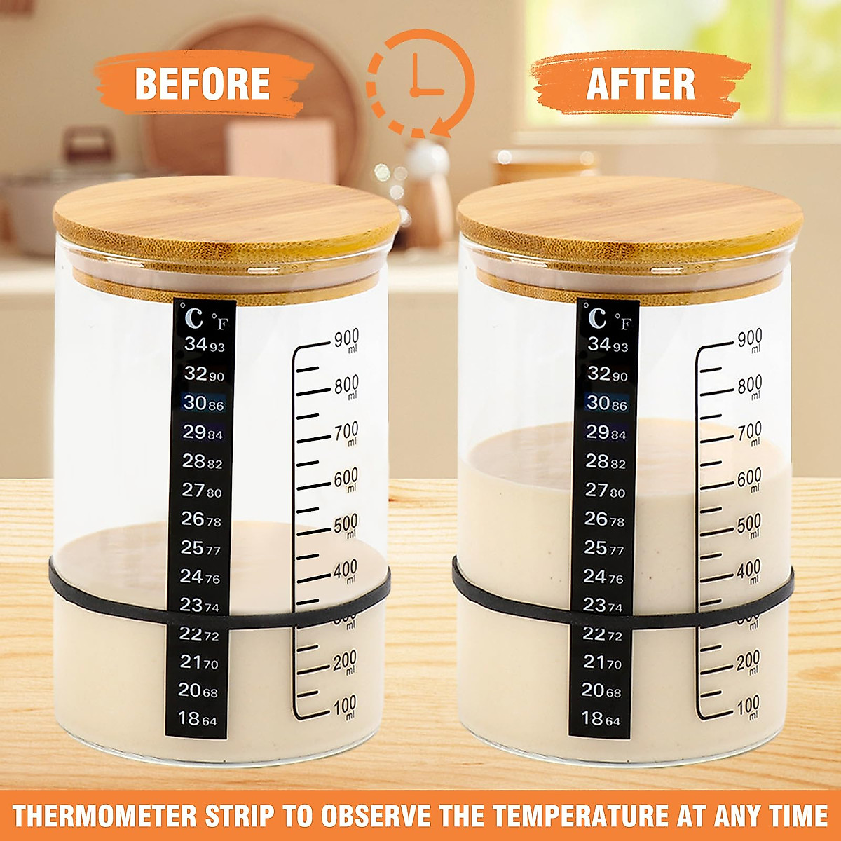 Wnxise Sourdough Starter Kit, 34OZ Reusable Sourdough Starter Jar, Home Sourdough Bread Baking Supplies with Date Marked Feeding Band, Thermometer, Silicone Scraper, Sticker, Marker Pen Bamboo Lid