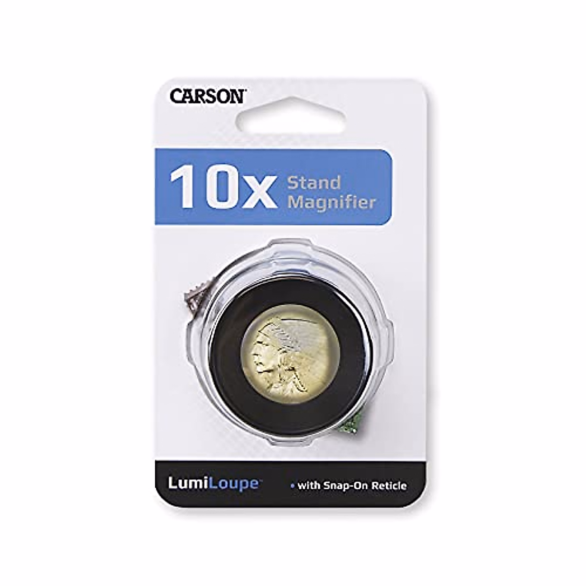 Carson LumiLoupe 10x Power Pre-Focused Stand Magnifier With Dual Lens and Snap-On Reticle (LL-20)