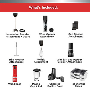 BLACK+DECKER Kitchen Wand Cordless Immersion Blender, 6 in 1 Multi Tool Set, Hand Blender with Charging Dock, Red (BCKM1016KS06)
