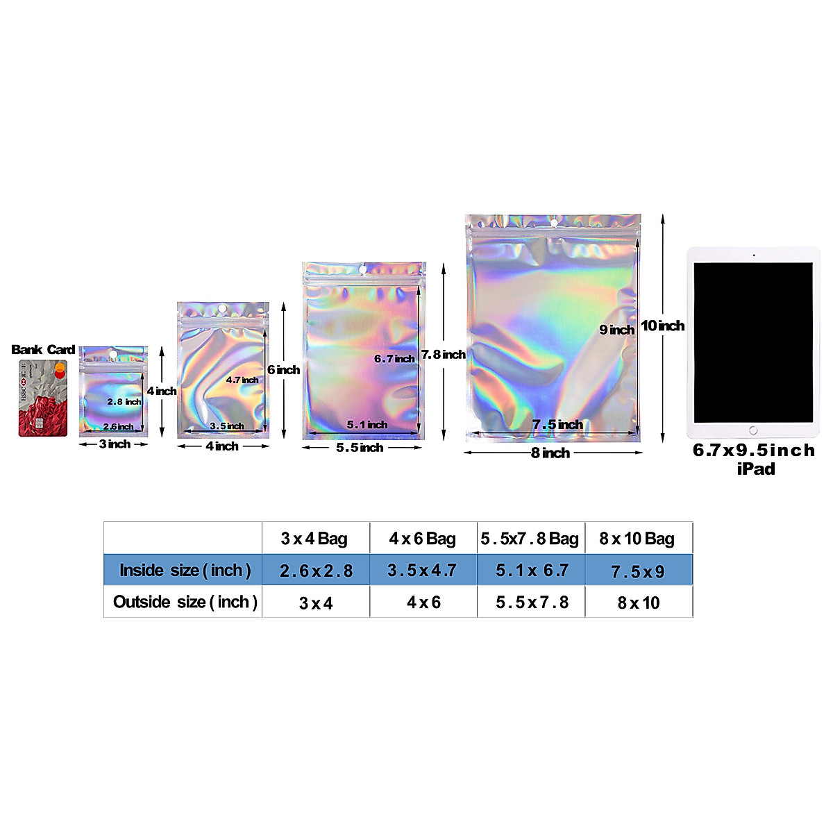 100 Pack Resealable Smell Proof Mylar Bags - Holographic 8 x 10 Inch Ziplock Pouch for Food Storage, Cookies, Jewelry Packaging