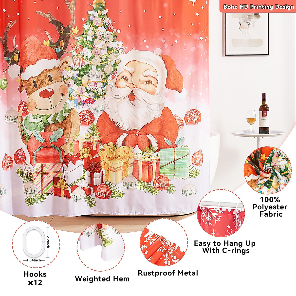 CZL Christmas Shower Curtain, Santa Shower Curtain, Santa Claus with Reindeer Shower Curtain, Winter Snowflake Merry Christmas Shower Curtain with 12 Hooks, Rustic Farmhouse Home Decor, 72 x 72 inch