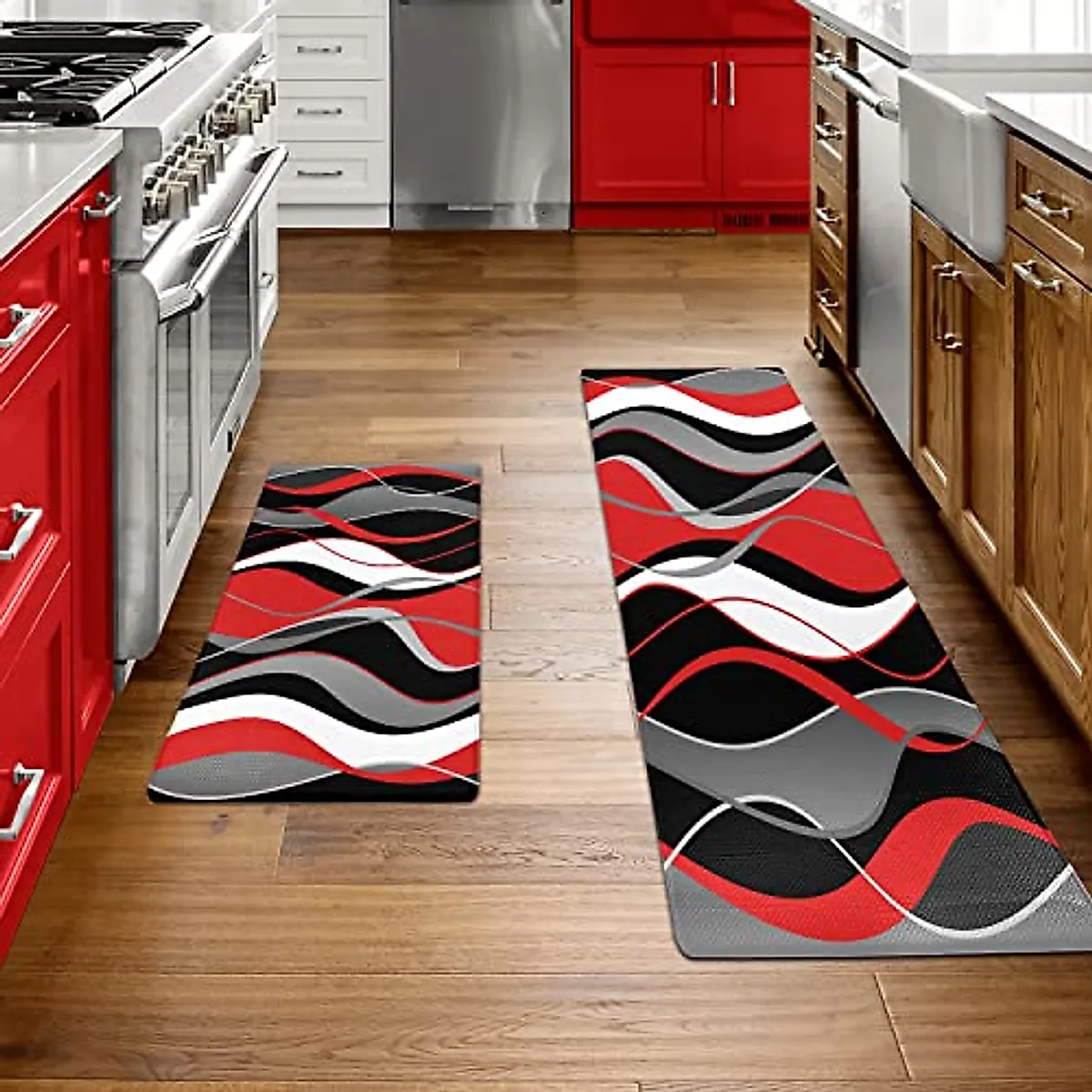 FNLNDO Red and Black Kitchen Rugs and Mats for Floor Anti Fatigue Kitchen Rugs Set of 2 Red Modern Art Non-Skid Washable Kitchen Mats for Kitchen Sink Laundry (Red, 17.5"x29.5"+17.5"x47")