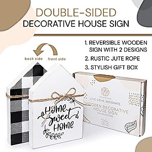 Double-Sided Home Sweet Home Sign for Shelf Decorations - Black and White Buffalo Plaid Decor Farmhouse - Small House Shaped Wood Block Signs with Sayings - Country Decor for Table or Fireplace Mantle