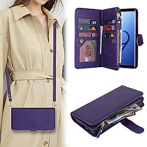 Ｈａｖａｙａ Crossbody Phone case for Samsung Galaxy S9 Plus case with Strap for Women with Card Holder for Galaxy s9+Plus Zipper flip Wallet Cover with Credit Card Slot and Kickstand-Purple