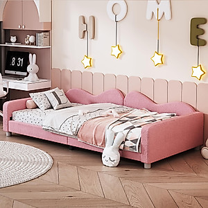 HRVEOCEI Sherpa Upholstered Daybed, Twin Size Day Bed Frame for Kids Girls Boys,Low Profile, Soft Armrest, Cloud-Shaped Backrest (Pink, Twin)