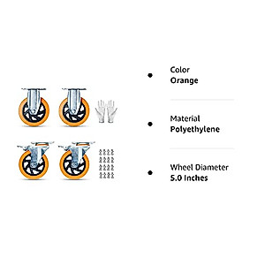 N/A 5 Inches Heavy Duty Polyurethane Caster Wheels Anti-Skid Swivel Casters Wheels with 360 Degree for Set of 4 Orange (2PCS Locking Swivel Casters 2PCS Fixed Caster Wheels), XP-06