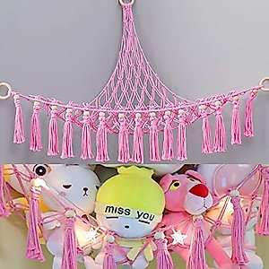Stuffed Animal Net or Hammock with LED Light,(Large Size) Boho Handmade Cute Stuffed Animals Storage with Hooks for Hanging,Toy Storage Organizer for Kids Bedroom (Pink)