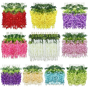 WONICE Artificial Flowers Hanging Flowers, Fake Wisteria Flower Garland Silk Vines Rattan String Decor for Home Wedding Arch Wall Garden Greenery Bedroom Outdoor Office Party Decoration (48 Pack)