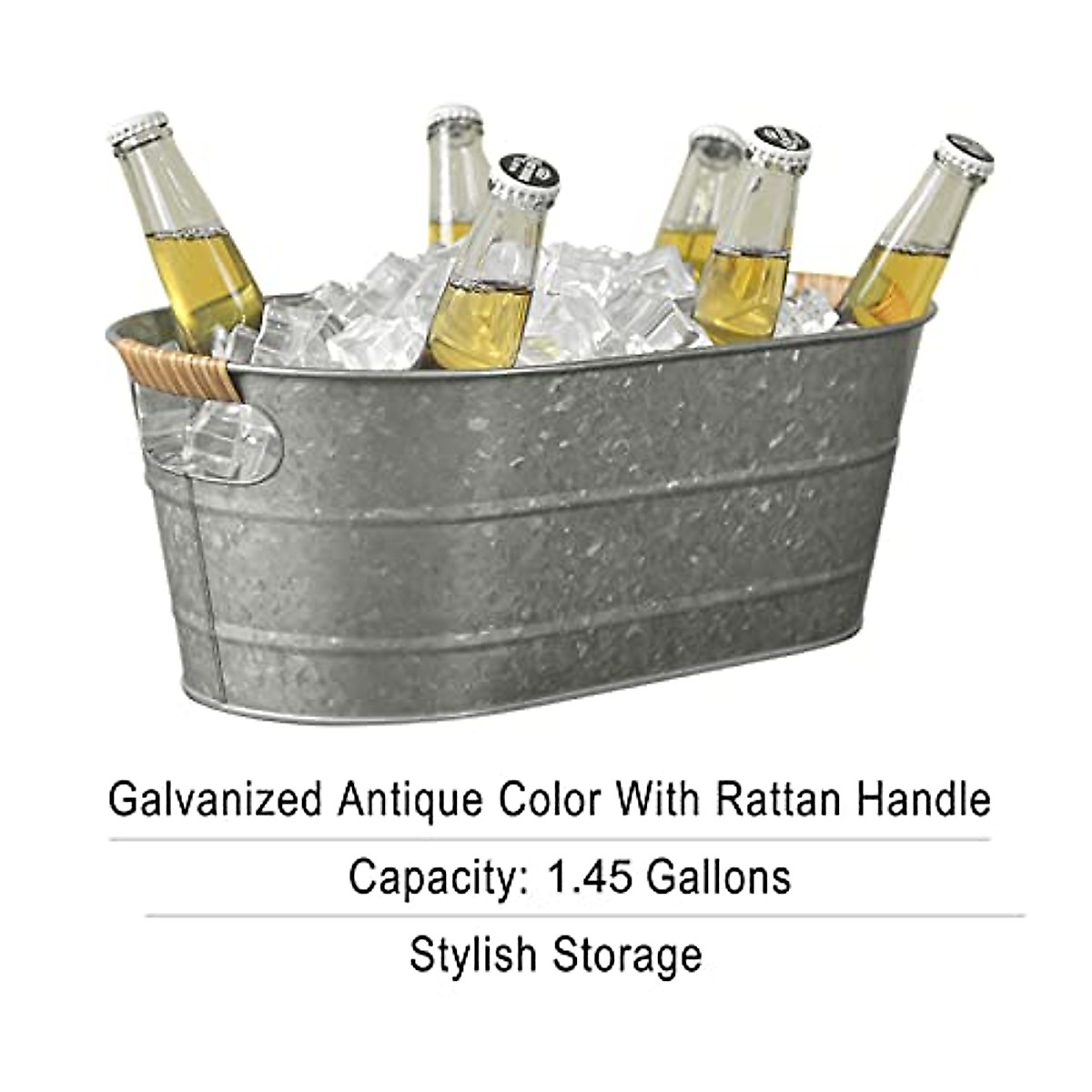 2 Pack Farmhouse Metal Galvanized Beverage Tub, Beer, Wine, Ice Holder - Ice Buckets for Parties,1.45 Gallons Rustic Vintage Storage Oval Bucket Bin - Galvanized/Cutout Handle with PE Rattan