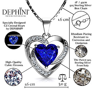 DEPHINI - Blue Heart Necklace - 925 Silver Heart Pendant with White CZ & Blue Birthstone Embellished with Branded Crystal for Women, 18" Sterling Silver Chain + Jewellery Box, Gifts for Women