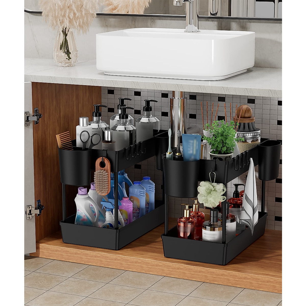PTOJ Under Sink Organizer, 2 tier Kitchen Under Cabinet Countertop Organizers Storage Rack Basket with 10 Hooks and 4 Hanging Cup for Bathroom,Multi-Purpose Storage Shelf for Kitchen (2)