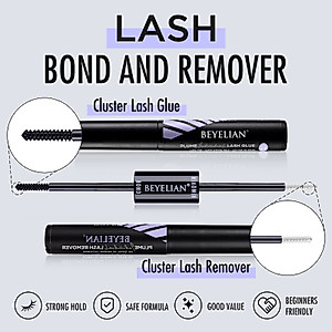 BEYELIAN Cluster Lashes D Curl 84 Pcs and Lash Bond and Remover Kit, Individual Lash Clusters Super Thin Band Lash Adhesive Super Strong Hold 48 Hours, Fast Removal Remover with No Residue