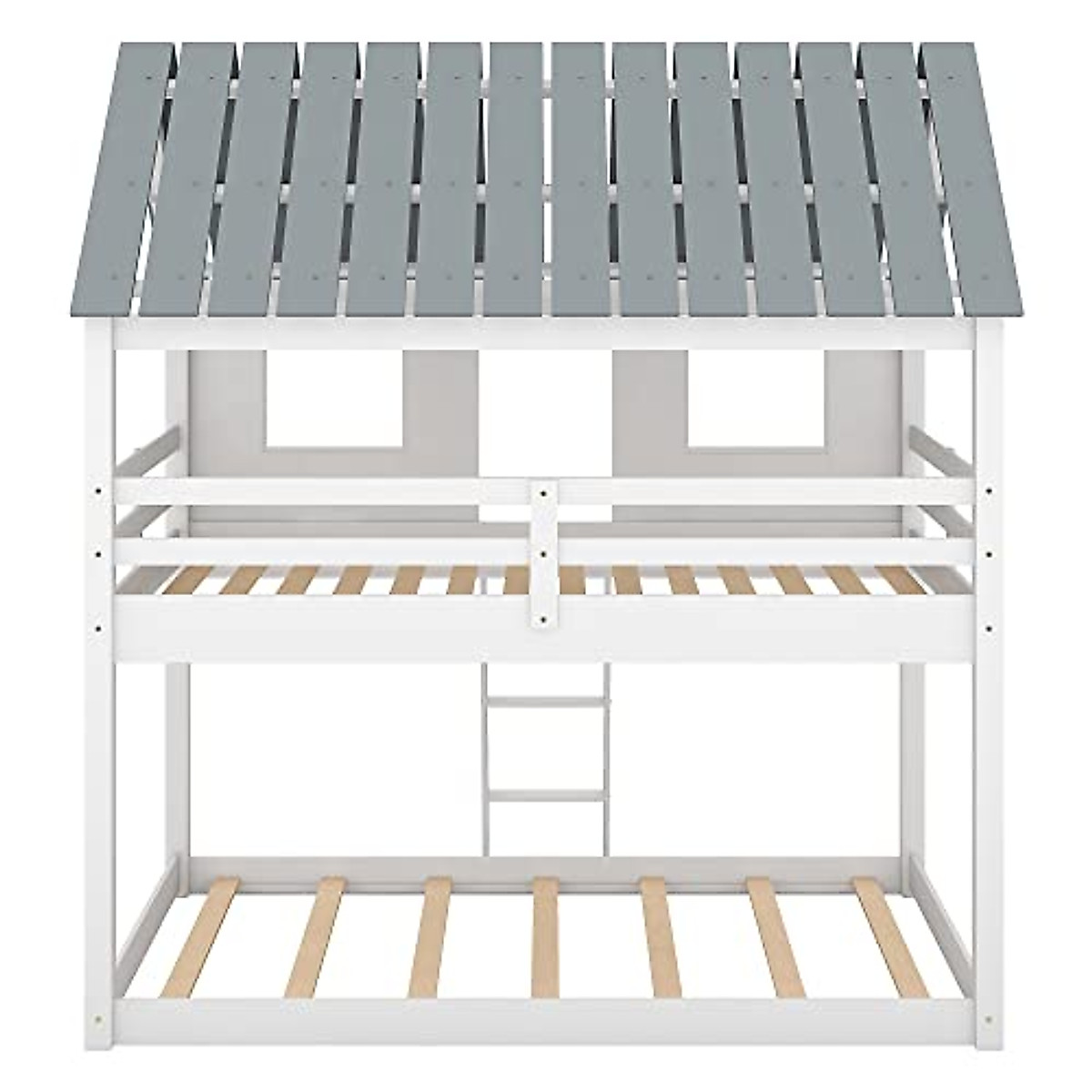 Bunk Bed Twin Over Twin , House Bed for Kids with Roof and Windows,Wood Low House Bunk Beds with Guard Rails for Toddlers ,White