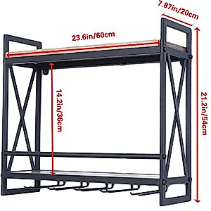 Small and Beauty Wine Glass Rack Wall Mounted,23.6in Industrial Wall Wine Racks for Wine Bottles,2-Tier Wood Shelf Wine Holder,Hanging Wine Racks with 5 Stem Glass Holder,Mugs Racks(Black Metal)