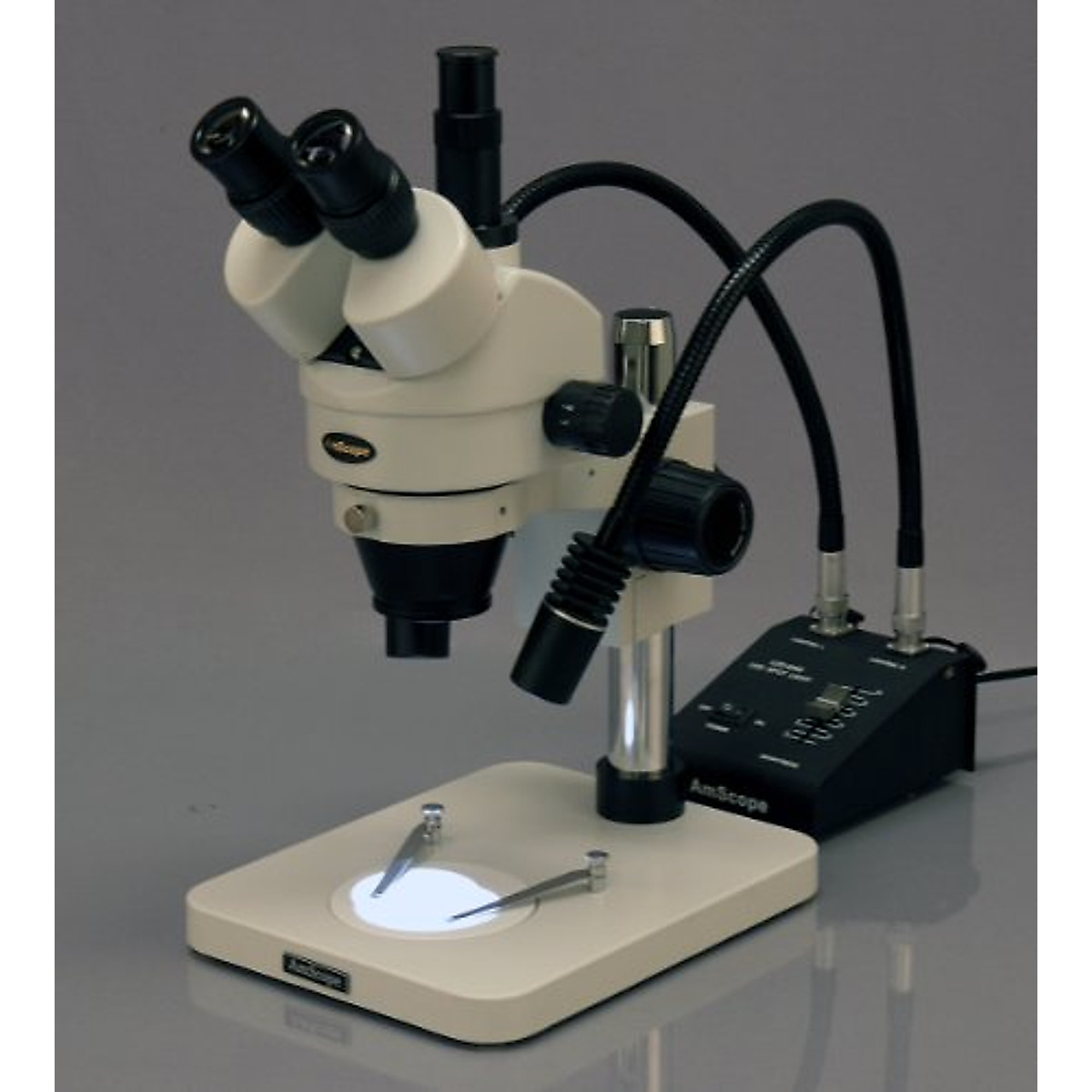 AmScope SM-1TSW2-L6W-10M Digital Professional Trinocular Stereo Zoom Microscope, WH10x and WH25x Eyepieces, 3.5X-225X Magnification, 0.7X-4.5X Zoom Objective, 6W Dual-Gooseneck LED Light, Pillar Stand, 85V-265V, Includes 0.5X and 2.0X Barlow Lenses, Inclu