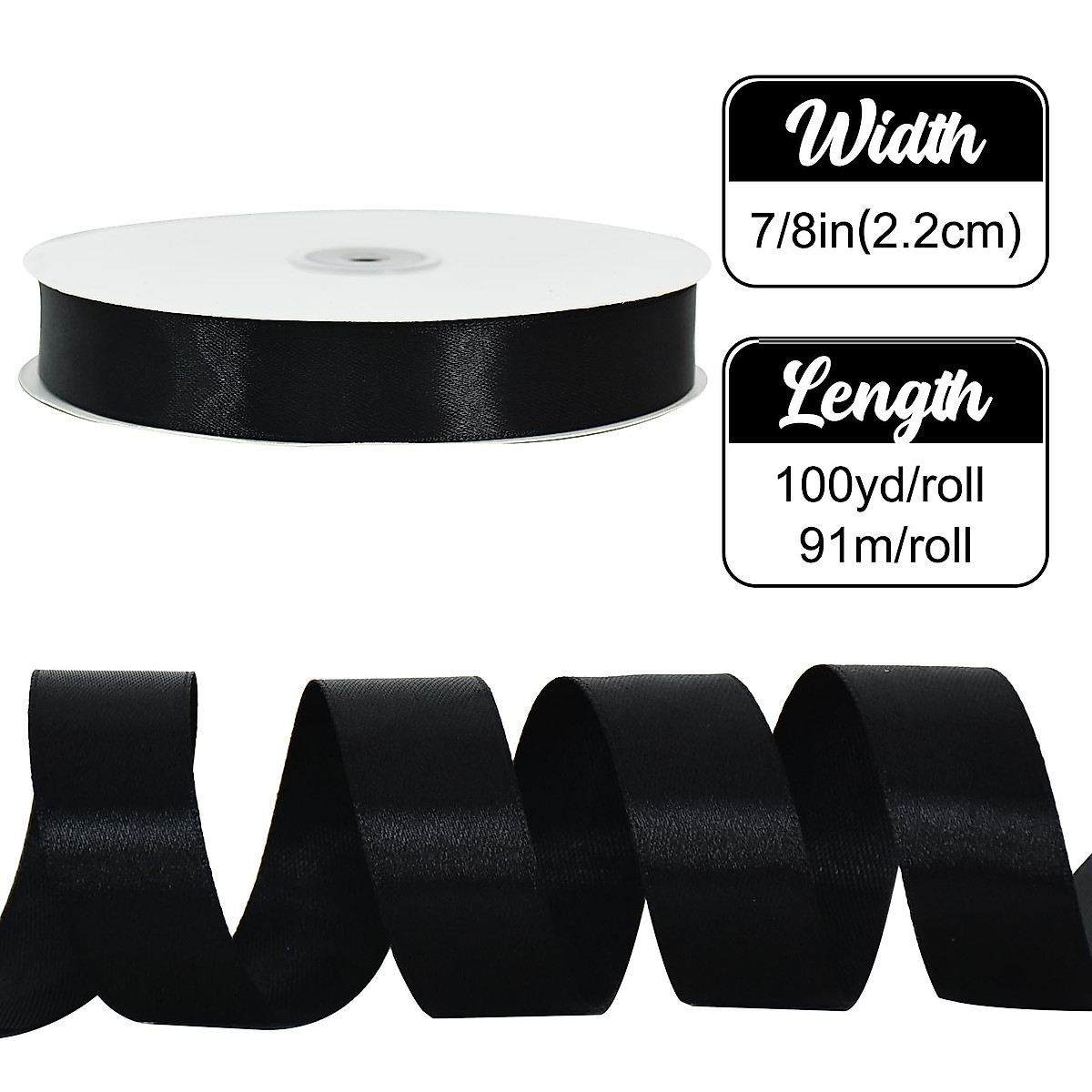 TONIFUL 7/8 Inch x 100yds Black Satin Ribbon Thin Solid Frabic Ribbons for Gift Wrapping, DIY Crafts Bows, Invitations, Floral Bouquets, Christmas Wedding Party Valentine's Decor