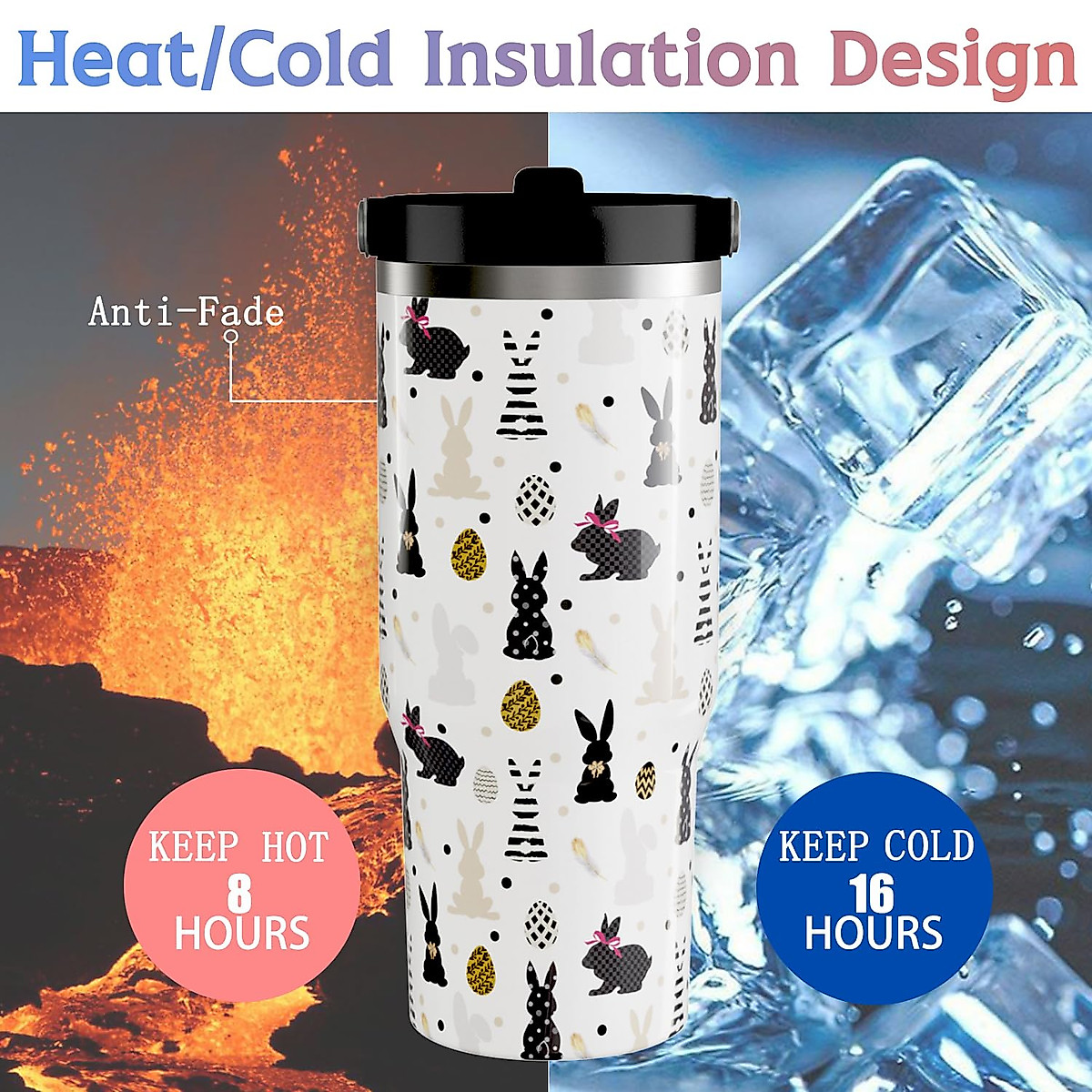 30oz Easter Tumbler with Handle and Straw, Black Rabbits Insulated Tumbler, Leak Proof Travel Coffee Mug, Reusable Stainless Steel Easter Egg Tumbler, Easter Gifts for Women (black white)