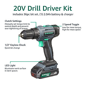 Amazon Brand - Denali by SKIL 20V Drill Driver Kit with 36 Piece Bit Set, Includes 2.0Ah Lithium Battery, 1A Compact Charger and Carry Bag, Blue