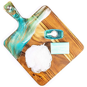 Large wooden charcuterie Board, Paddle 11.5 in x 11.5 in plus 5in Handle, Serving Platter, Cheese Board and Knife Set in Gift box. Charcuterie board, Handmade Ocean themed Epoxy Resin