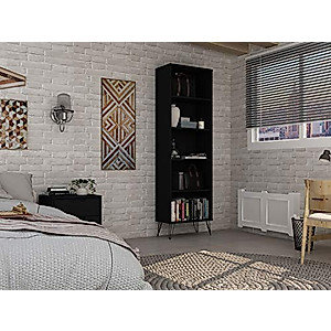 Manhattan Comfort Rockefeller Mid Century Modern 5 Shelves Home Office Bookcase with Metal Legs, 21.26", Black