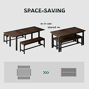 iPormis 3 Pcs 63" Dining Table for 4-6, Extendable Dining Room Table with 2 Benches, Mid Century-Modern Kitchen Table Set for Small Space, Easy Clean, Espresso