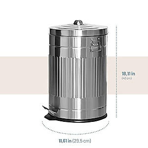 AWENN Step Trash Can with Lid and Pedal 20 Liter / 5.3 Gallon, Vintage Garbage Bin for Kitchen, Office, Home, Pet Waste Container - Retro Metal Wastebasket W/Step Pedal, Silver