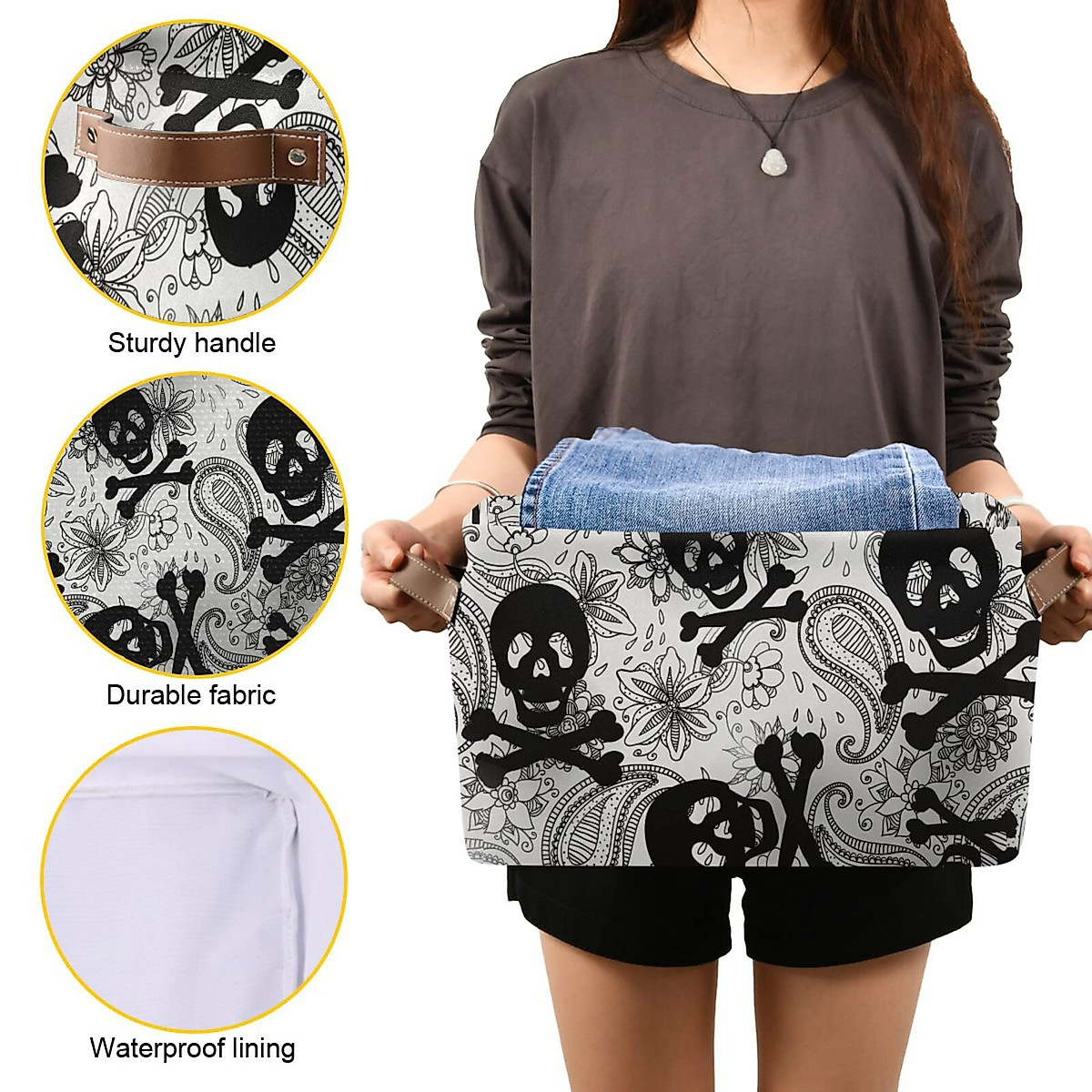 Large Foldable Storage Basket Skull Black Gothic Storage Bin Canvas Toys Box Fabric Decorative Collapsible Organizer Bag with Handles for Bedroom Home