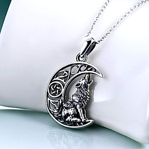 POPKIMI Sterling Silver Wolf Jewelry Howling Wolf Pendant Necklace for Men for Women, 18"+2" (Style-1)