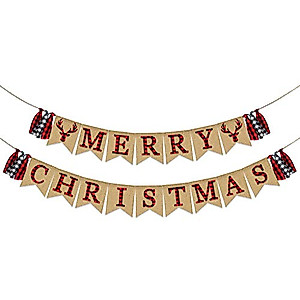 Merry Christmas Banner Burlap | Christmas Decorations | Vintage Christmas Banner for Mantle Fireplace | Black Red Plaid Letters Banner | Xmas Party Supplies Decorations | Holiday Decor