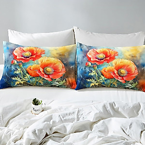 Trippy Poppy Duvet Cover Set Queen Size,Hand Drawn Exotic Flowers Rustic Bedding Set,Boys Girls Room Decor,Wild Botanical Plants Comforter Cover,Red Bright Boho Quilt Cover,2 Pillowcases,No Comforter