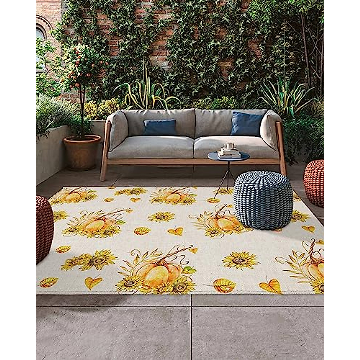 Outdoor Patio Rugs Fall Pumpkin with Sunflowers Outdoor Area Rug Fallen Leaves Non-Slip Backyard/Camping RV Rug/Deck/Porch Rug Front Door Floor Mat Carpet,4x6ft,