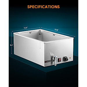 WILPREP Commercial Food Warmer, 12 x 20 in Full Size Electric Countertop Food Warmer with 1200W Power, Stainless Steel Bain Marie Buffer Server with Faucet for Parties Buffets Restaurants