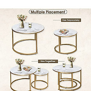 aboxoo Coffee Table Nesting White Set of 2 Side Set Golden Frame Circular and Marble Pattern Wooden Tables, Living Room Bedroom Apartment Modern Industrial Simple Nightstand