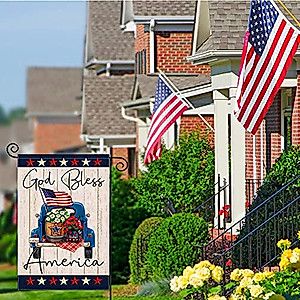 LARMOY God Bless America Garden Flags for Outside,12×18 Double Sided Blue Truck with Flower Patriotic Stars,Small Memorial Day Yard Flag, Welcome 4th of July Independence Day Outdoor Farmhouse Decors