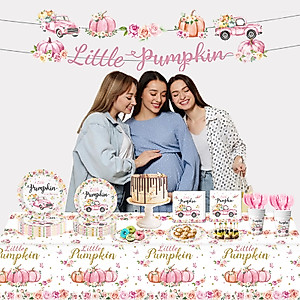 122PCS Little Pumpkin Baby Shower Decorations - A Little Pumpkin is On The Way Baby Shower Include Plates, Napkins, Cups, Forks, Tablecloth, and Banner for Girl Pumpkin Baby Shower, Serves 24
