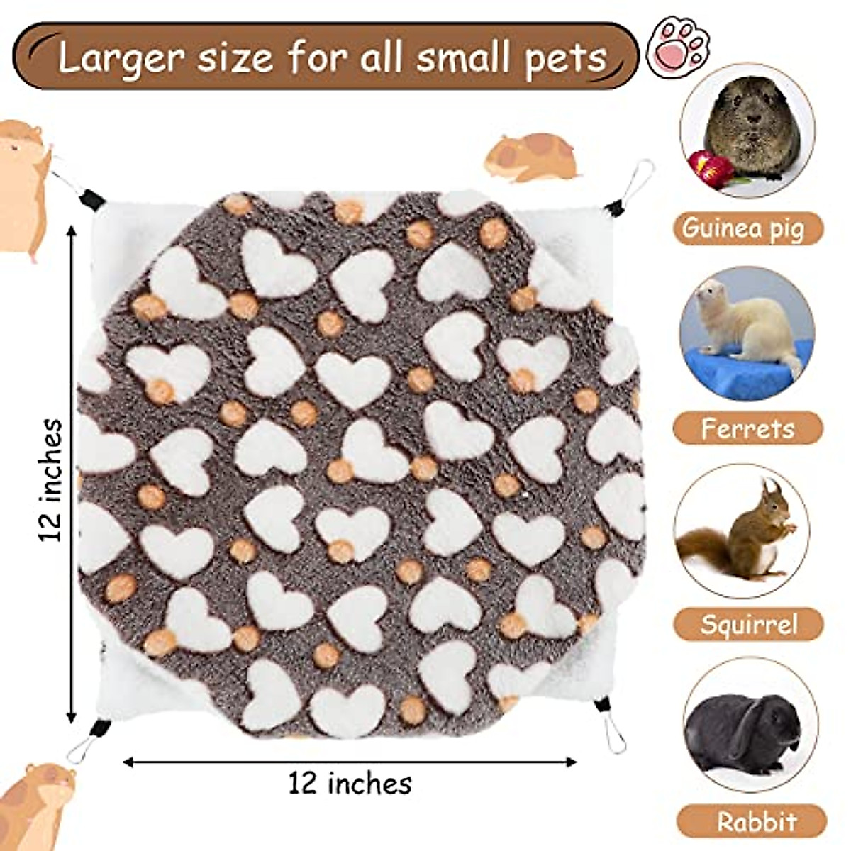 Boao 2 Pcs Guinea Pig Rat Hammock Hamster Hanging Hammock/ Accessories for Small Animals Chinchilla Parrot Sugar Glider Ferret (Purple, Coffee Color, Heart Pattern)