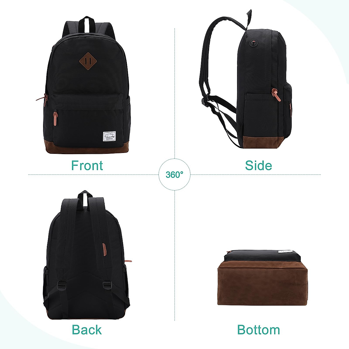 VASCHY Backpack for Men, Unisex Classic Water-resistant College School Backpack Bookbag Laptop Backpack Black