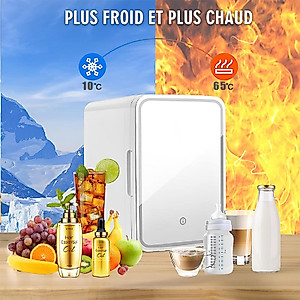 GaRcan Mini Cosmetic Fridge, With Led Mirror, 8L Capacity Skin Care Mini Fridge, Hot And Cold, Car And Home Dual Use Mini Beauty Fridge, Cosmetic Fridge For Skincare,White (Pink)