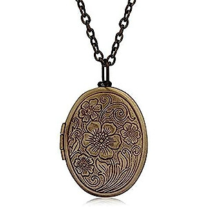 LRESJJIUJ Vintage Engraved Flower Locket Picture Pendant Necklace for Women