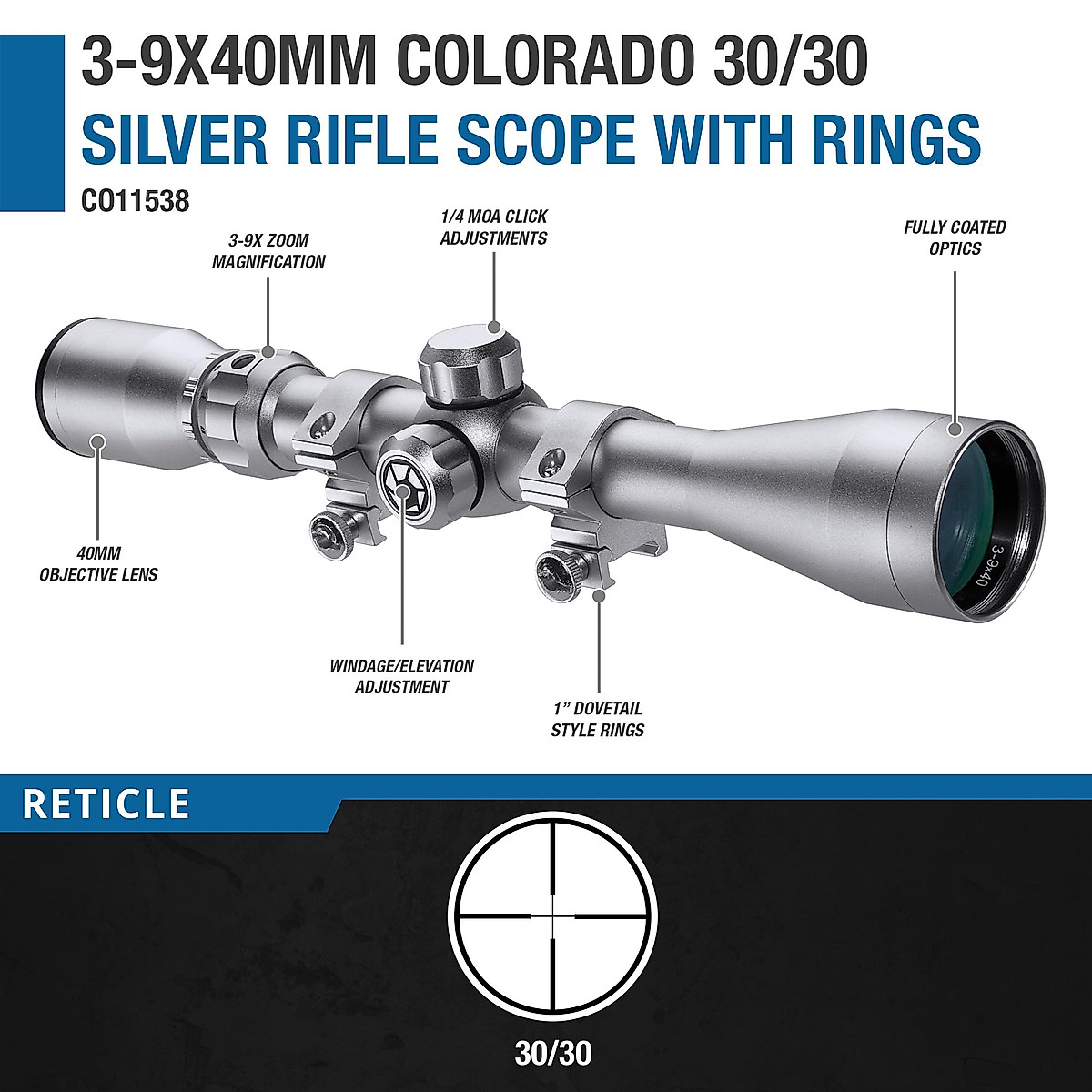 Barska CO11538 Colorado Rifle Scope 3-9x40 30/30 Reticle with Rings