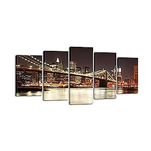 Wieco Art 5 Piece Giclee Canvas Prints Wall Art The Brooklyn Bridge Landscape Pictures Photo Paintings for Living Room Bedroom Home Decorations Modern Stretched and Framed City Skyline Art Work