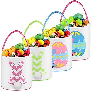 4 Pcs Easter Bunny Basket for Kids Easter Basket Bags Fluffy Tails Printed Rabbit Canvas Toys Bucket Tote Easter Tote Bag with Handle Canvas Carrying Favor Eggs Hunt Bag Candy Egg Basket for Gift Sets