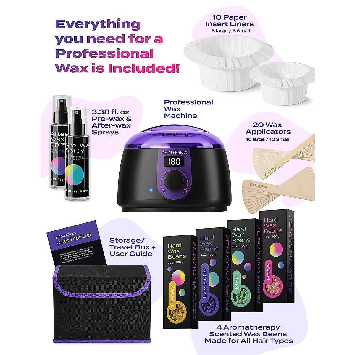 Sensiona Hot Wax Kit, Unisex Hot Wax Hair Removal. Complete Home Waxing Kit for Hair Removal, Brazilian Bikini Wax, Underarms, Legs and Face Hair. Includes No Mess Wax Liners and Gentle Skin Spray.