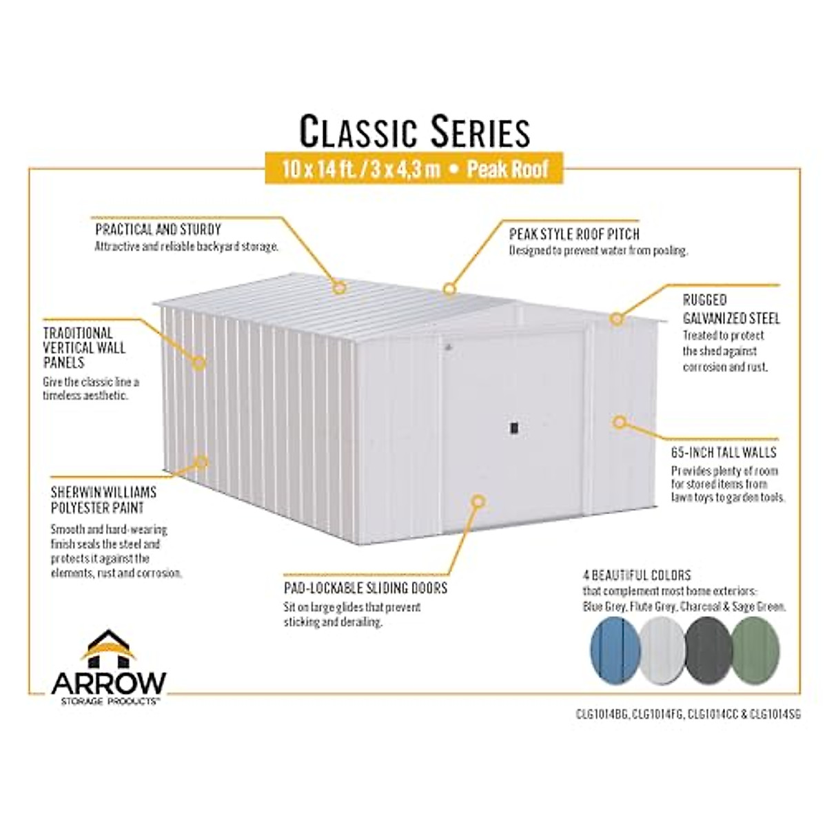 Arrow Classic Steel Storage Shed, 10x14, Charcoal