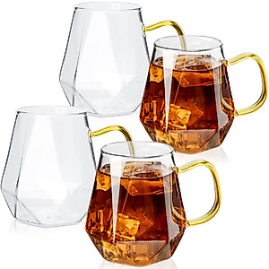 Patelai 4 Pieces Glass Coffee Cups with Handle, 10 oz Glass Clear Coffee Mugs for Hot Espresso Liquor, Microwave Safe Tea Cups Glass Set Gift, Diamond Design(4 Pieces)